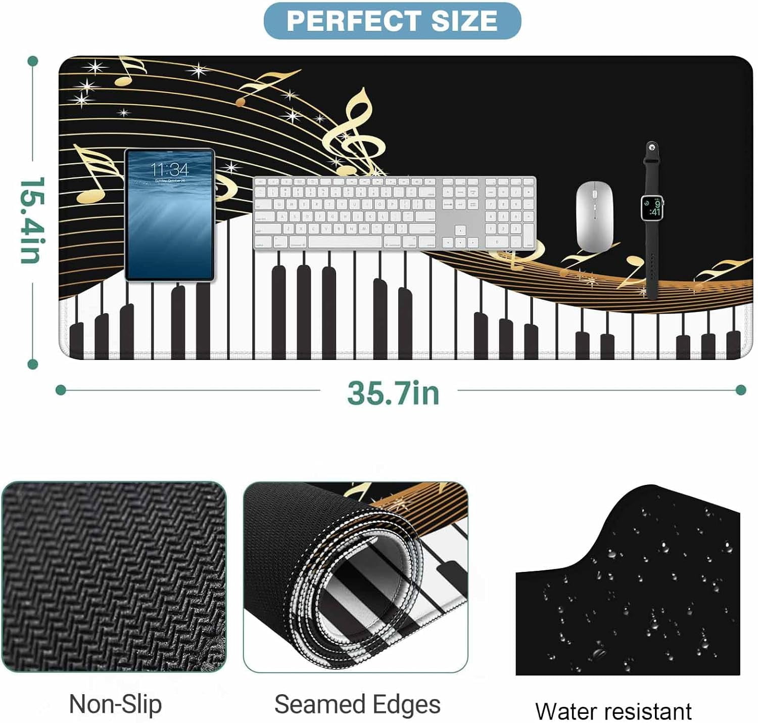 ASIASN-Glod Music Notes Large Gaming Mouse Pad Black Piano Instrument ...