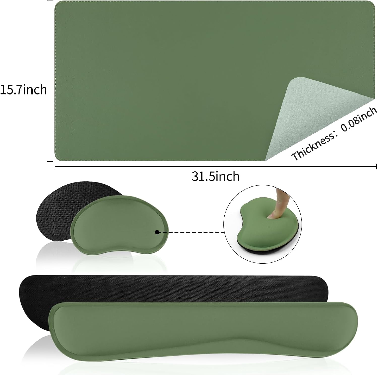 ASIASN-Green Desk Pad and Keyboard Wrist Rest, 3in1 Mousepad + Keyboard ...