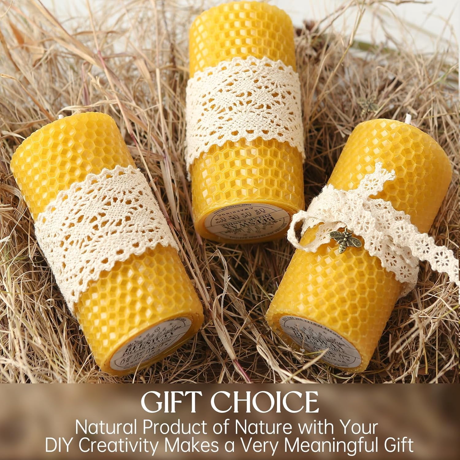 ASIASN-Hand-Rolled Beeswax Candles, 4 Packs, Handcrafted Honeycomb ...
