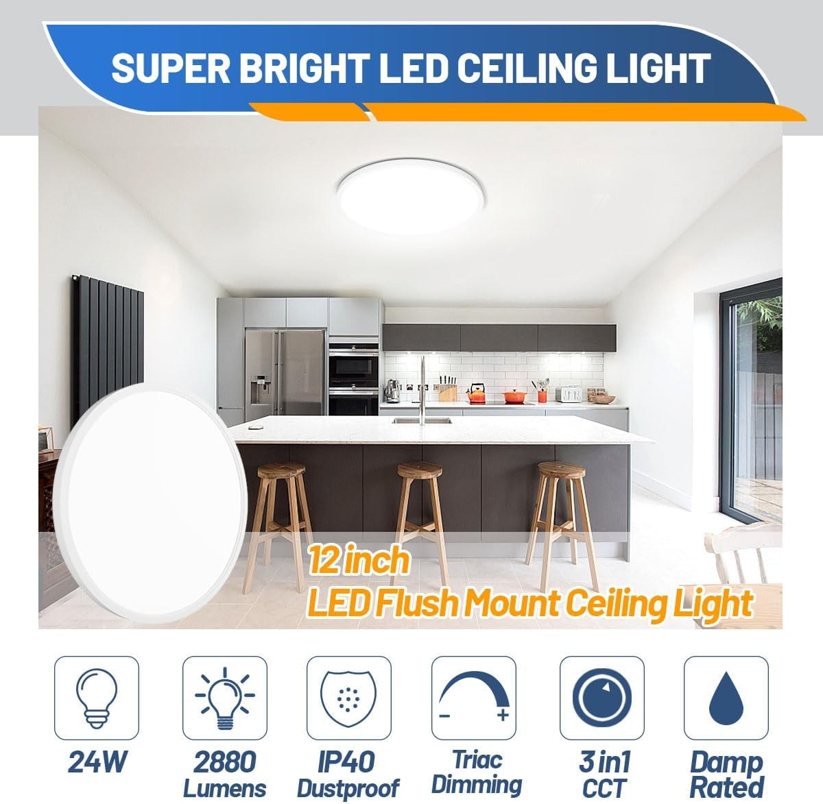 ASIASN-LED Flush Mount Ceiling Light Fixture, 12inch 24W 2880lm CCT ...