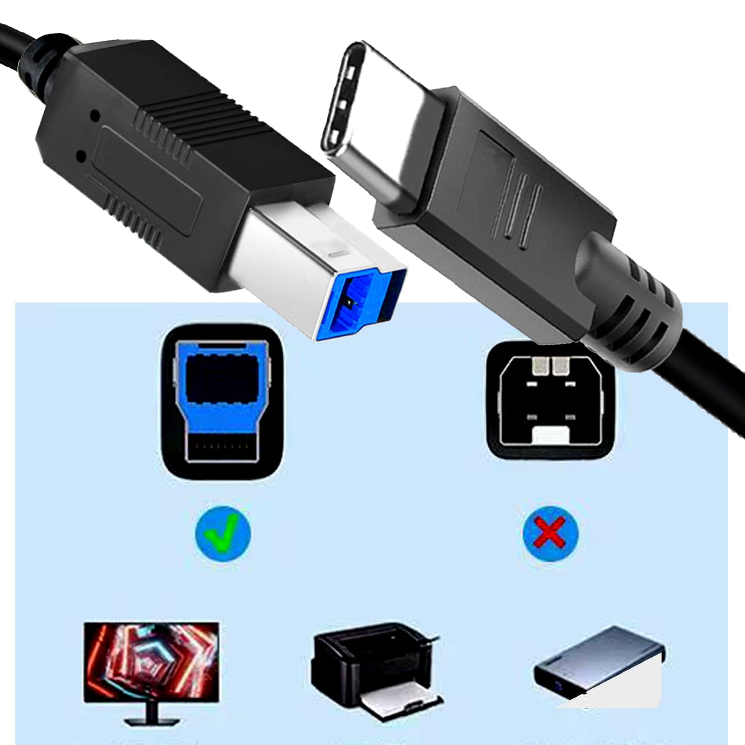 ASIASN-Long USB3.0 C to B Cable 30FT,USB 3.0 C to USB 3.0 B Male to ...
