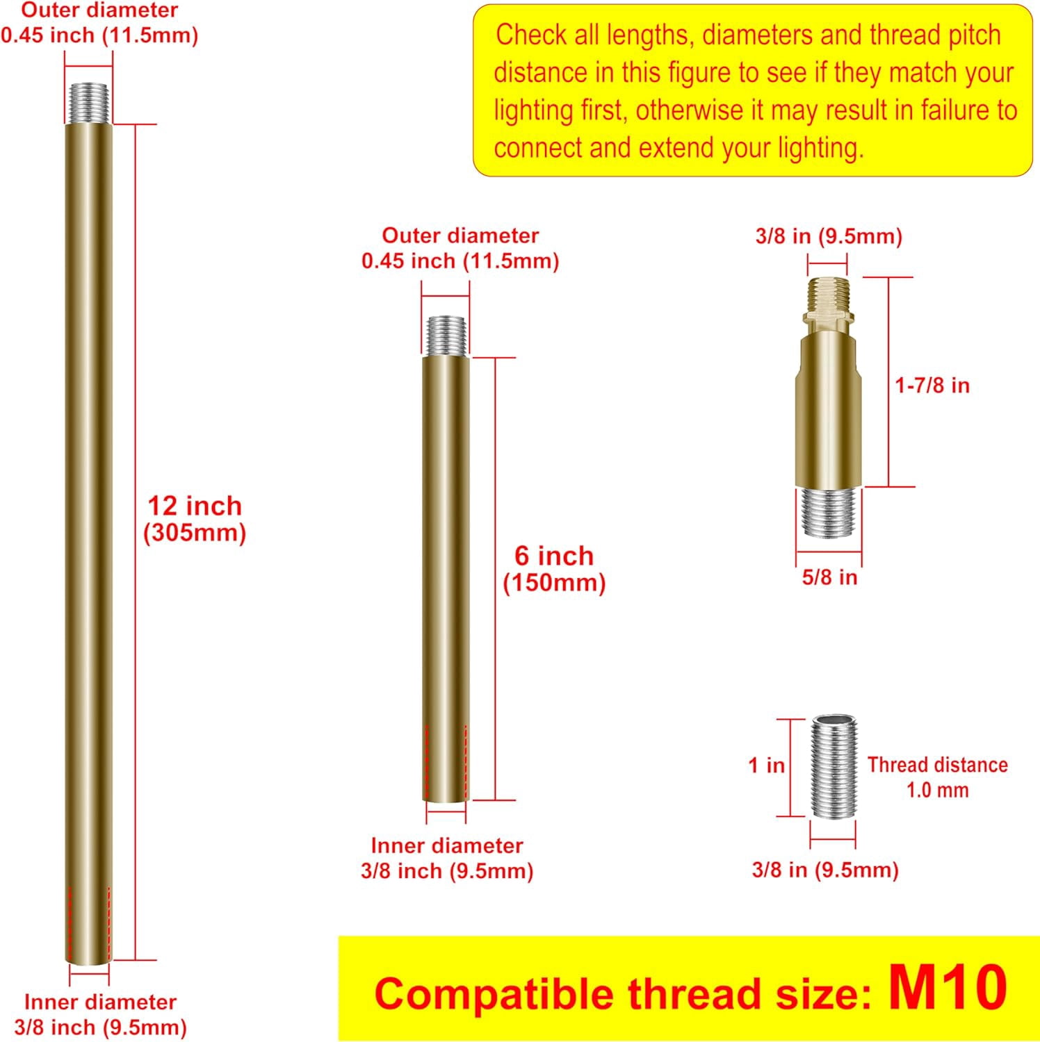ASIASN-M10 Threaded Extension Poles Lighting Fixture Downrods Stems ...