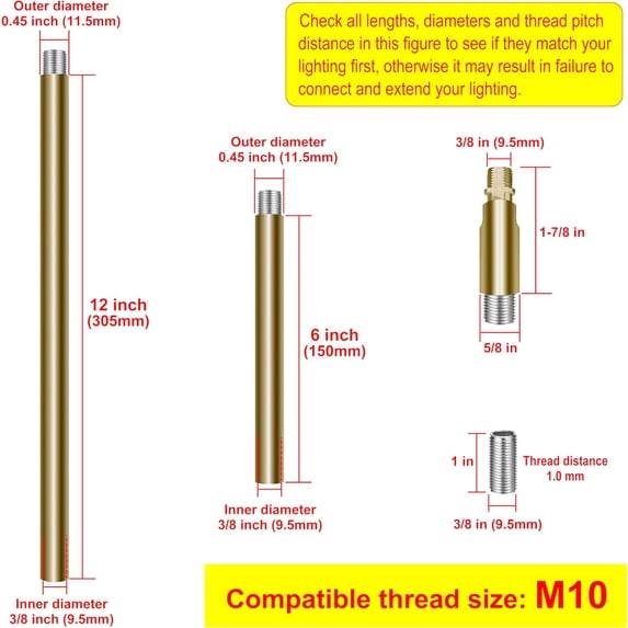 ASIASN-M10 Threaded Extension Poles Lighting Fixture Downrods Stems ...