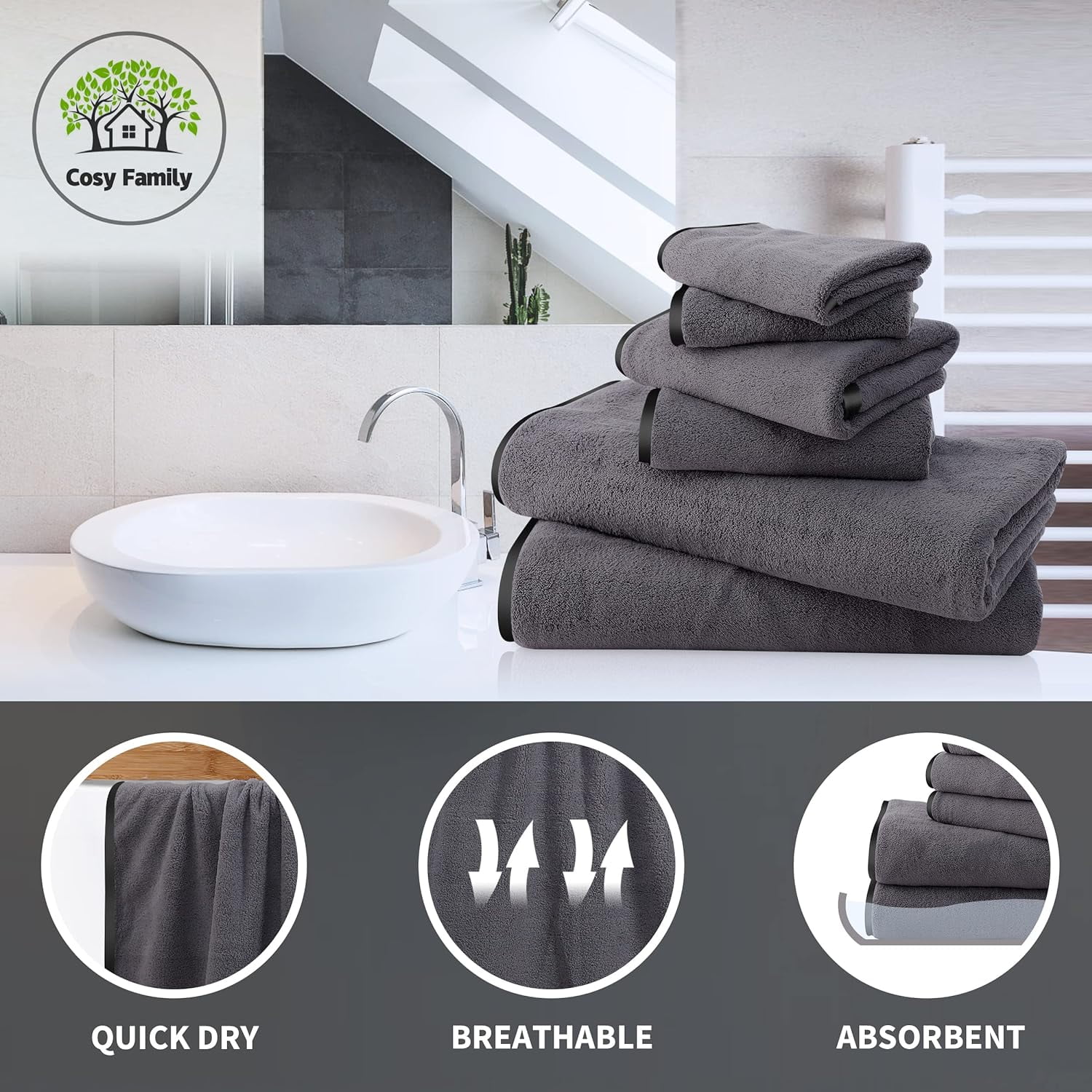 ASIASN-Microfiber 8-Piece Towel Set, 2 Bath Towels, 2 Hand Towels, and ...