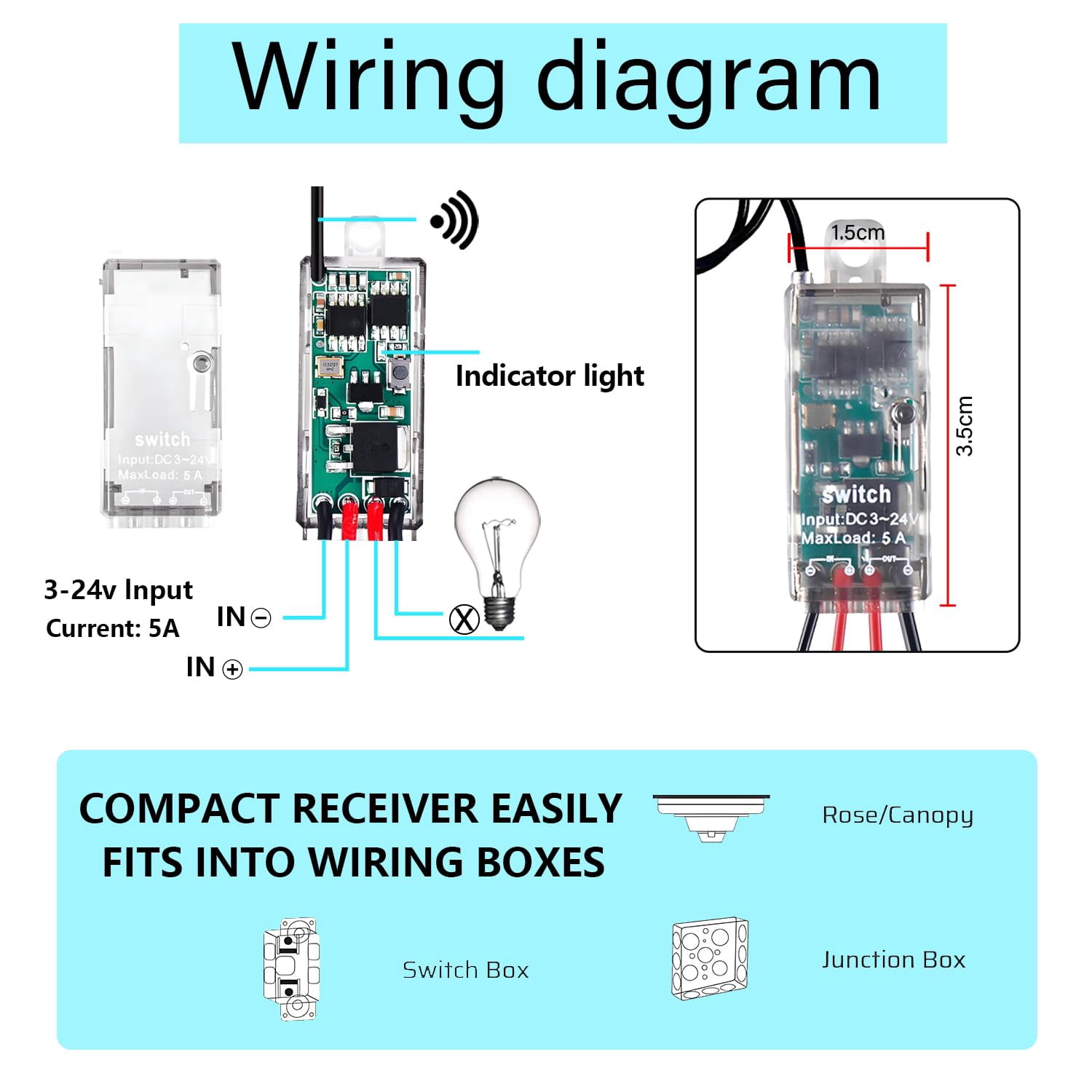 ASIASN-Mini Wireless Switch,5V/12V/24V/5A Relay 2 Way Remote Control ...