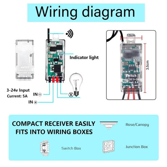 ASIASN-Mini Wireless Switch,5V/12V/24V/5A Relay 2 Way Remote Control ...