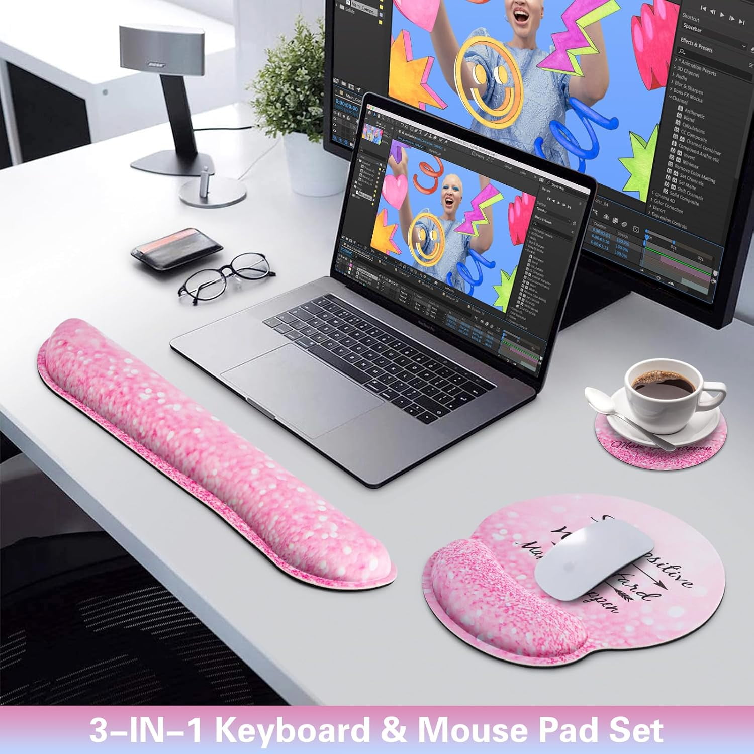 ASIASN-Mouse Pad with Wrist Rest Set Pink, 3-in-1 Wrist Support ...