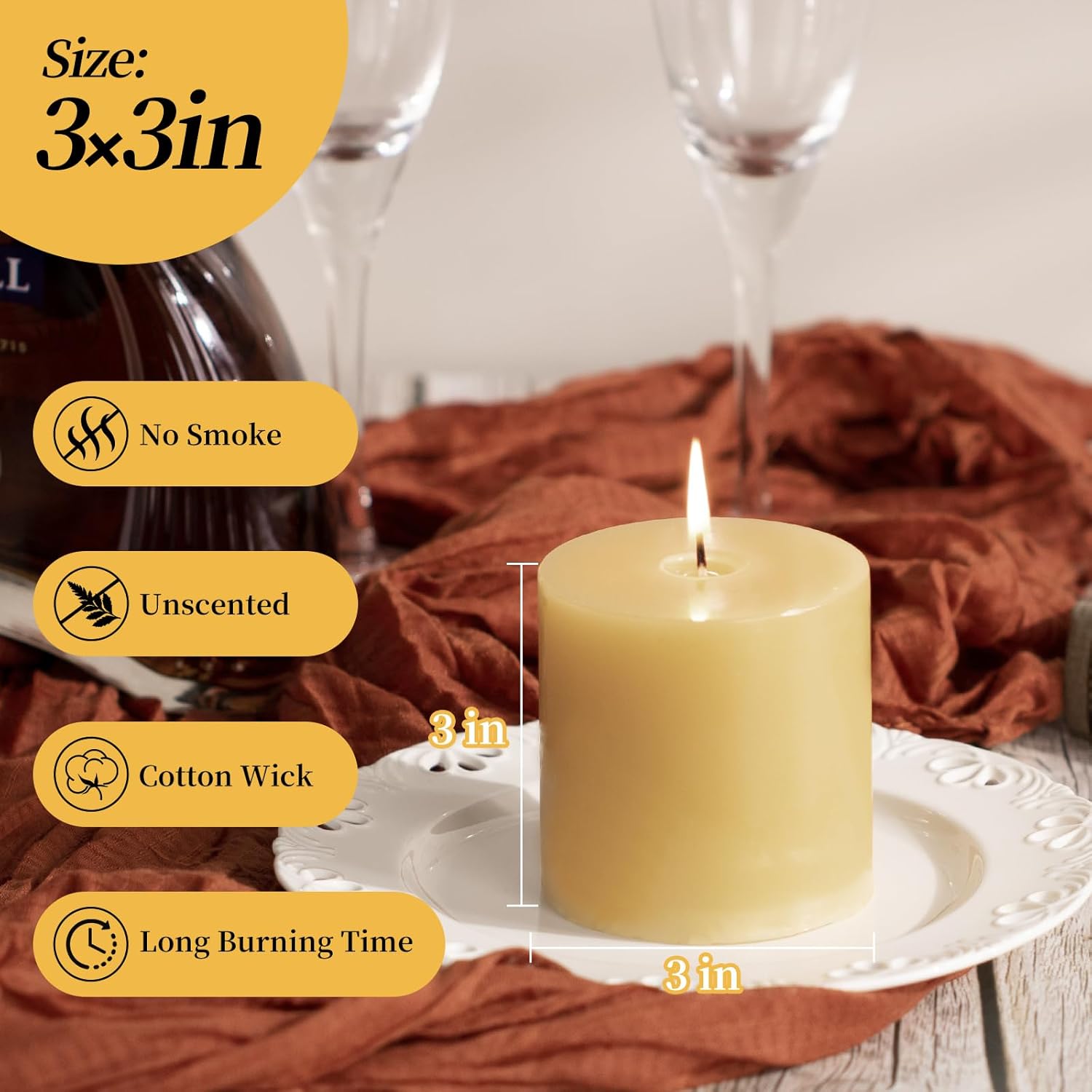 ASIASN-Mustard Yellow Pillar Candles Set of 3, 3"x 3" Unscented Pillar ...