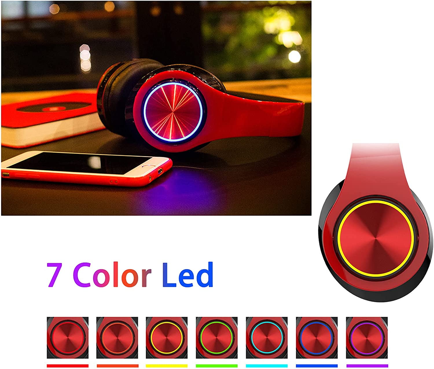 ASIASN-Over Ear Bluetooth Headphones, Foldable LED Stereo Headphones ...