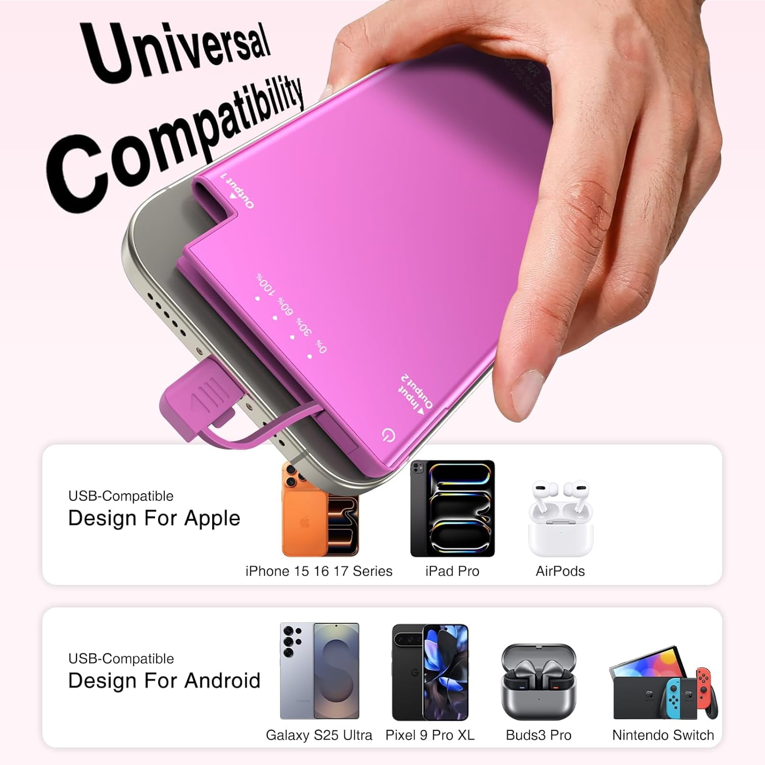 ASIASN-Pink USB C Portable Charger with Built in Cable-5000mAh Slim ...