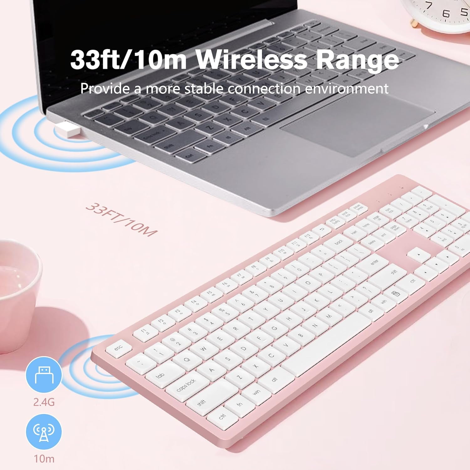 ASIASN-Pink Wireless Keyboard, 2.4GHz Full-Sized Ergonomic Computer ...