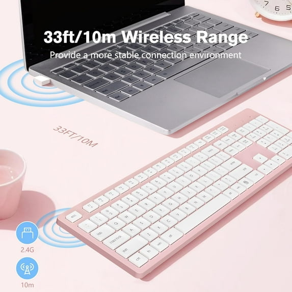 ASIASN-Pink Wireless Keyboard, 2.4GHz Full-Sized Ergonomic Computer ...
