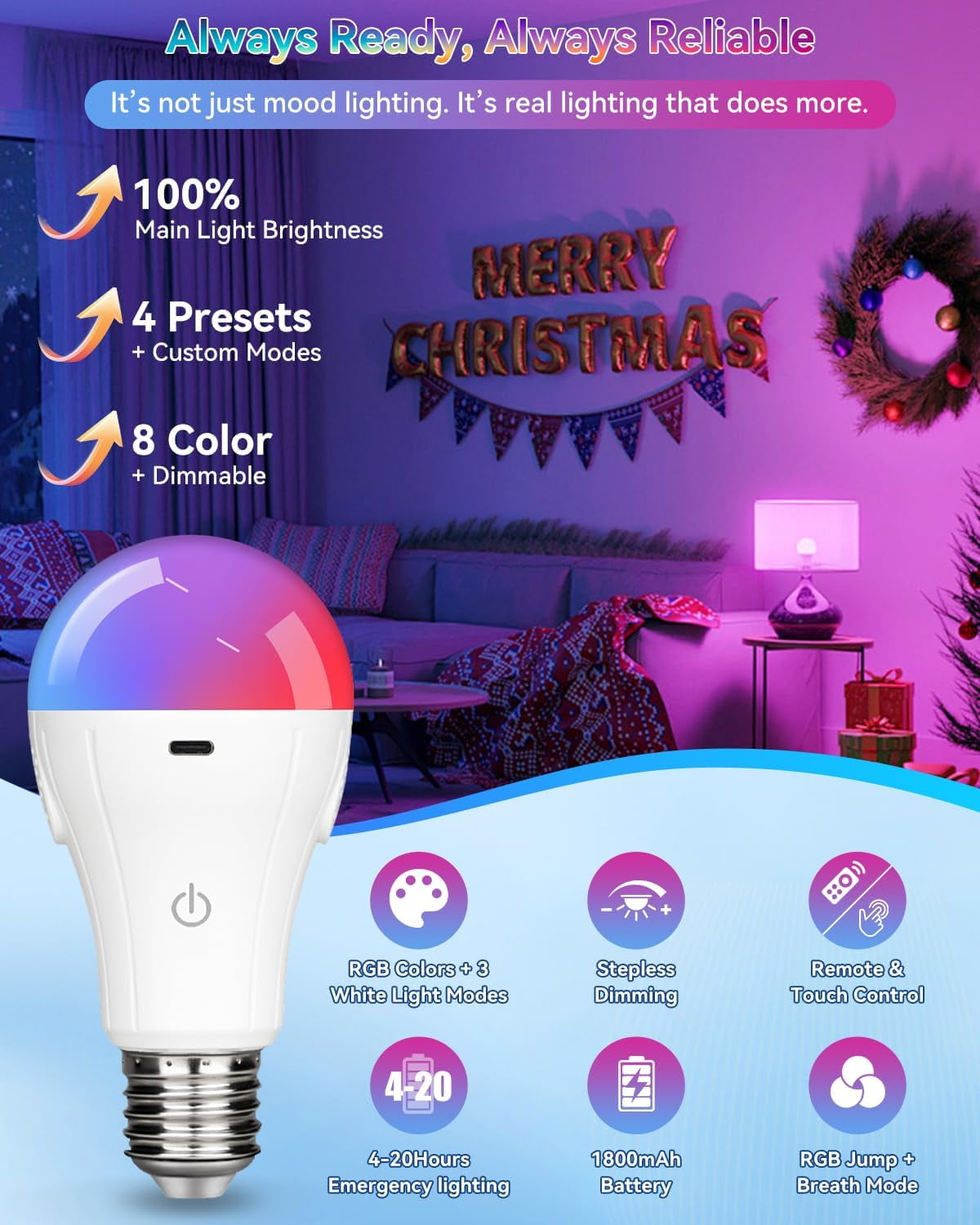 ASIASN-RGB WirelessGlow Rechargeable Light Bulbs with Remote, 8 Color ...