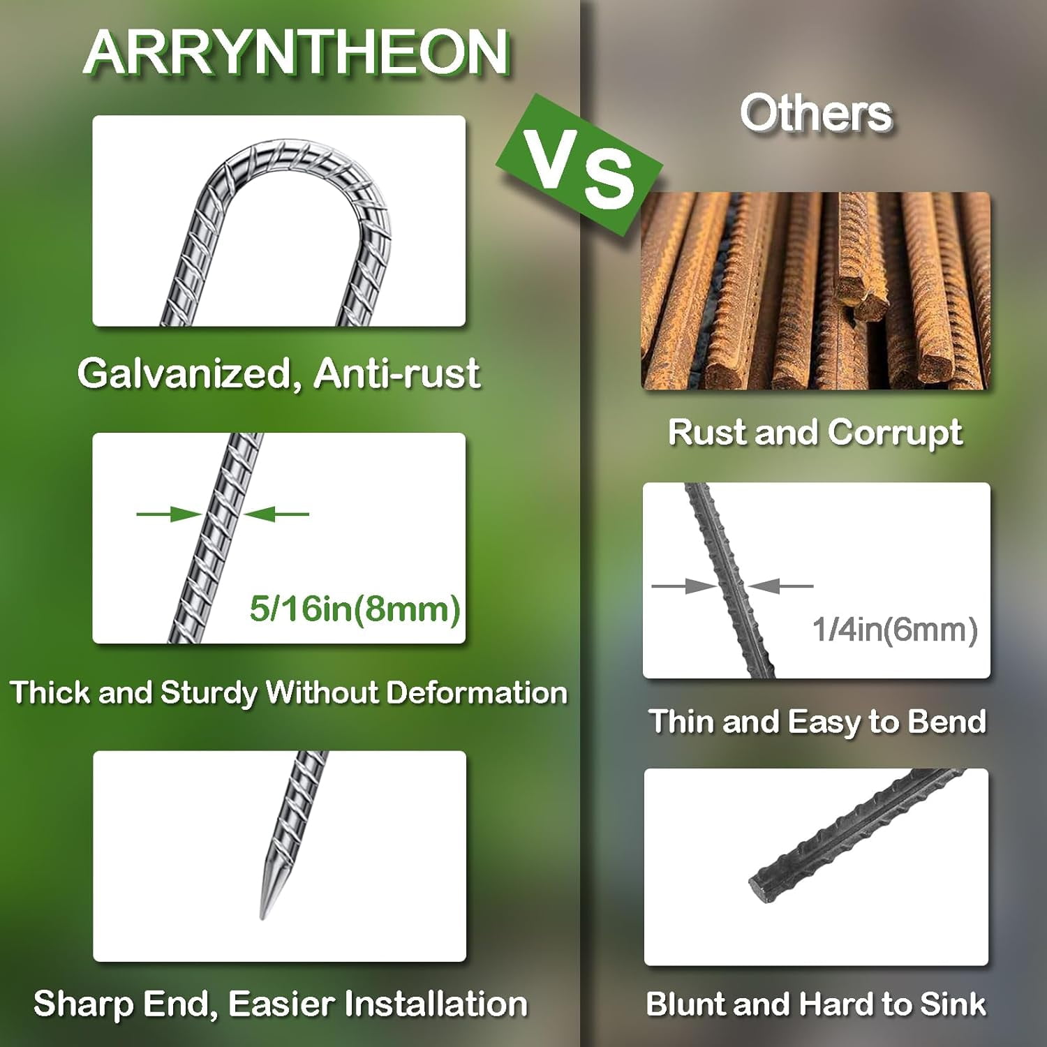 ASIASN-Rebar Stakes 12 Inch 10 Pack Tent Stakes Heavy Duty Metal J Hook ...