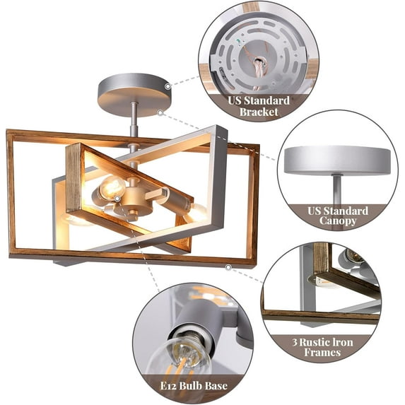 ASIASN-Retro Modern Semi Flush Mount Ceiling Light Fixture, 3-Light ...