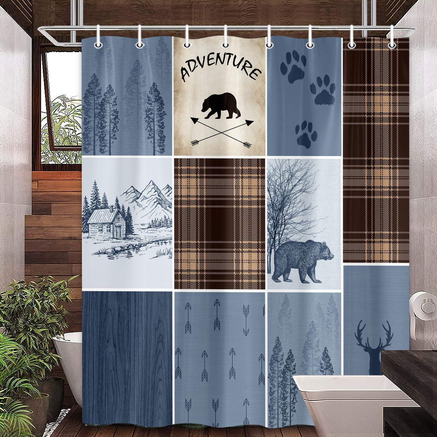 ASIASN-Rustic Cabin Bear Deer Shower Curtain, Blue Country Plaid Shower ...