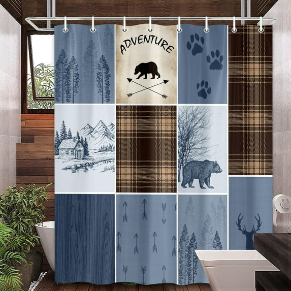 ASIASN-Rustic Cabin Bear Deer Shower Curtain, Blue Country Plaid Shower ...