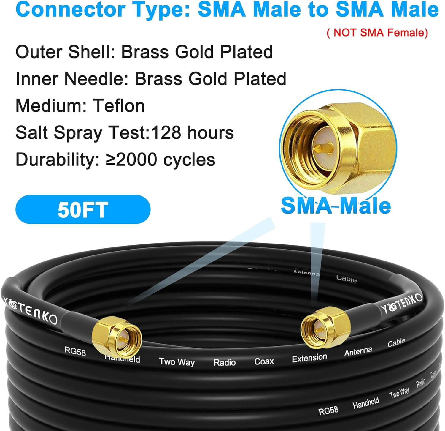 ASIASN-SMA Male to SMA Male Cable Extension 50FT, RG58 Coaxial Cable ...