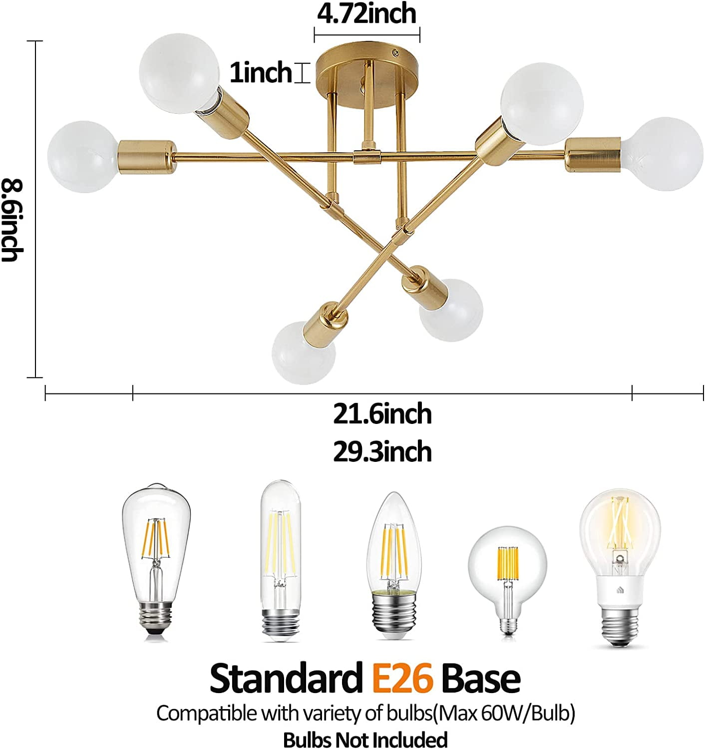 ASIASN-Semi Flush Mount Ceiling Light Fixture, 6 Lights Modern Sputnik ...