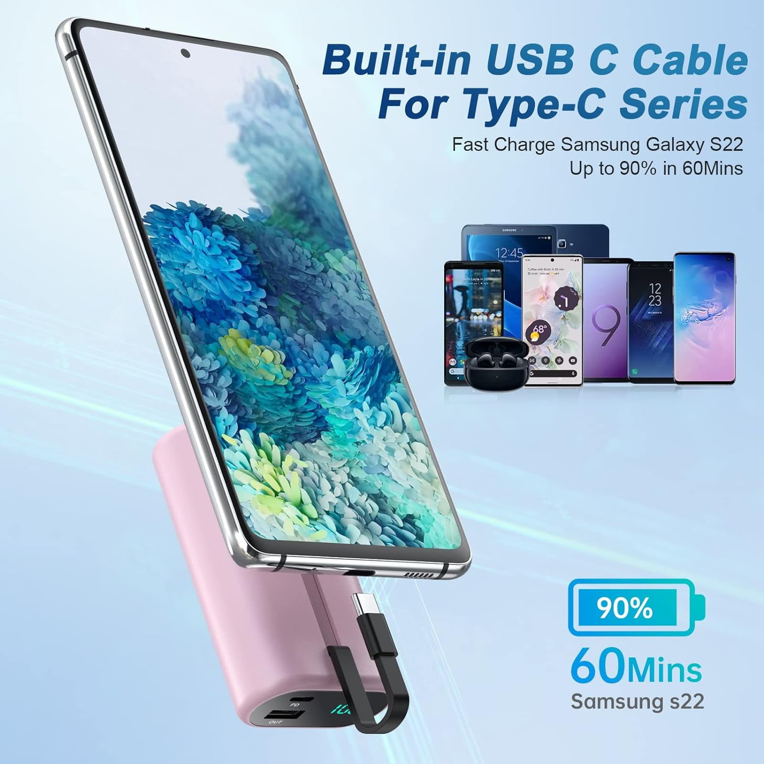 ASIASN-Small Portable Charger 10800mAh with Built-in USB-C Cable, Mini ...