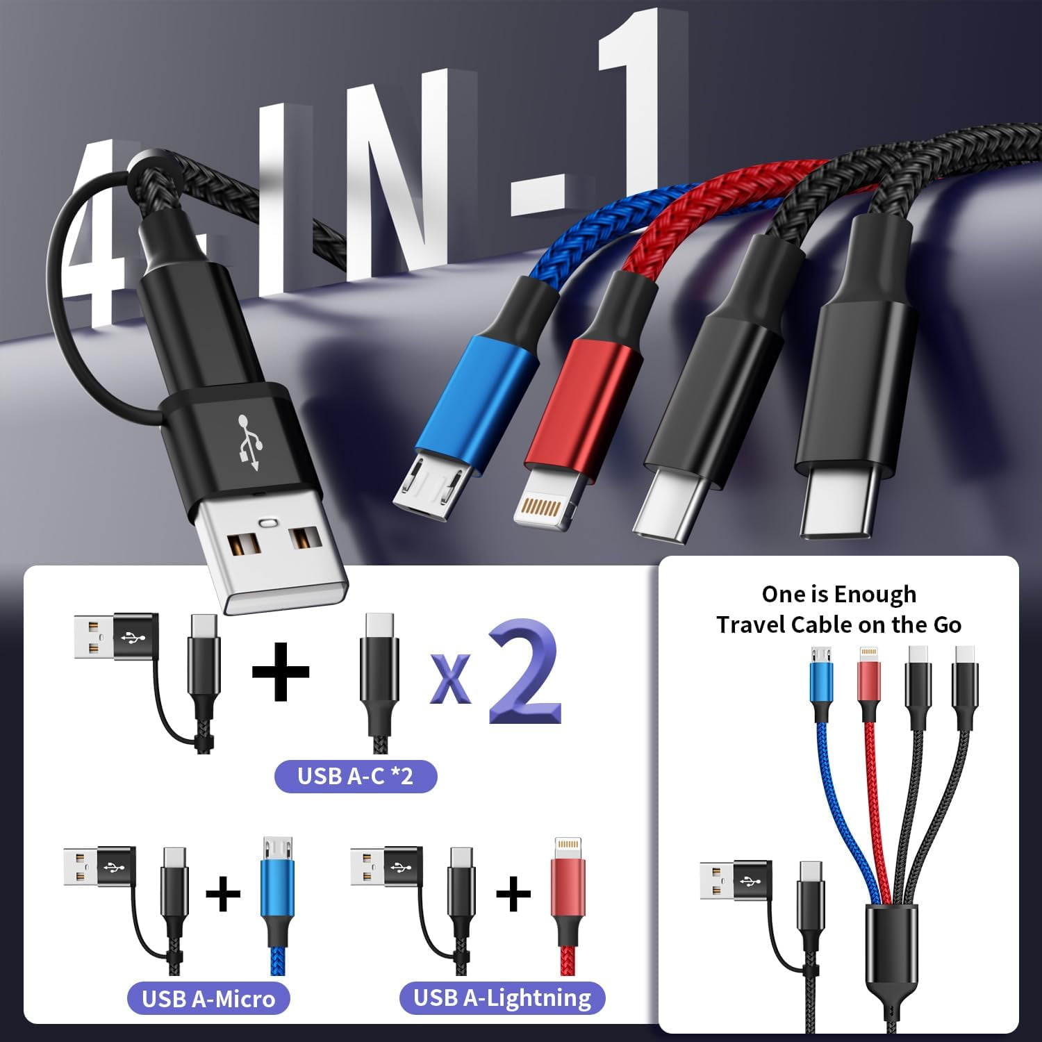 ASIASN-Travel 4 in 2 Charging Cable with Dual Type-C Port, USBA/C Multi ...