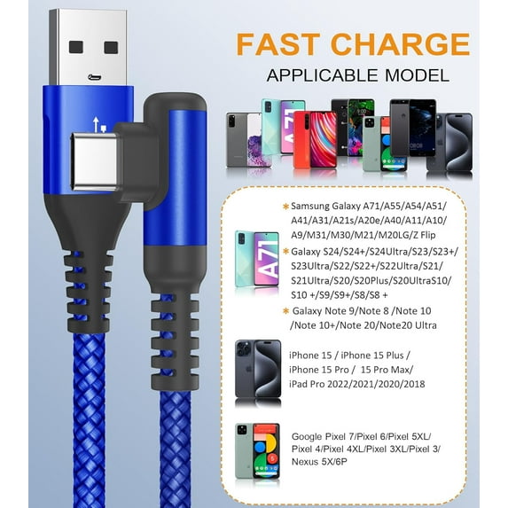 ASIASN-USB C Cable Right Angle [3Pack, 10FT+6.6FT+3.3FT], 3.1A Fast ...