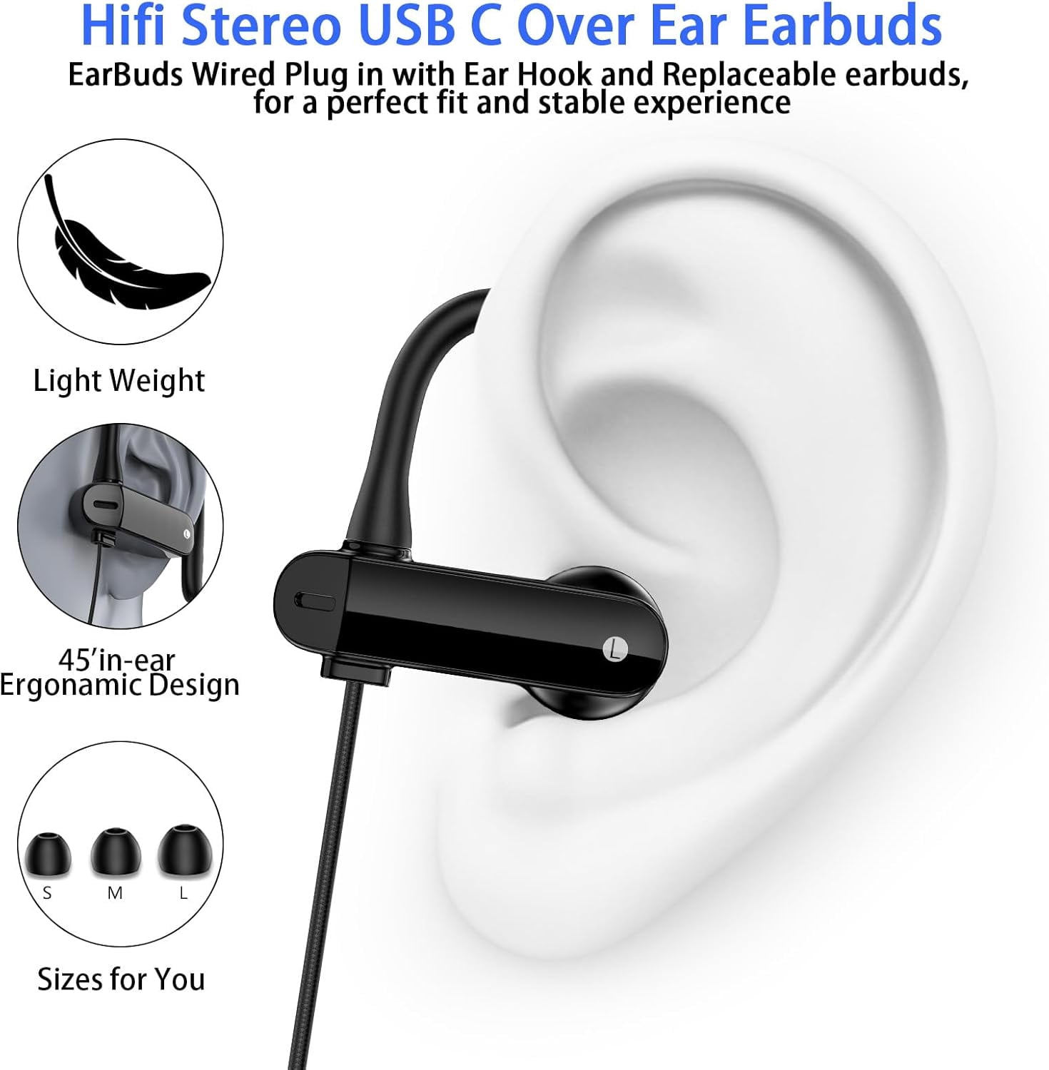 ASIASN-USB C Earbuds Wired Over Ear Headphones for iPhone 17 16 Pro Max ...