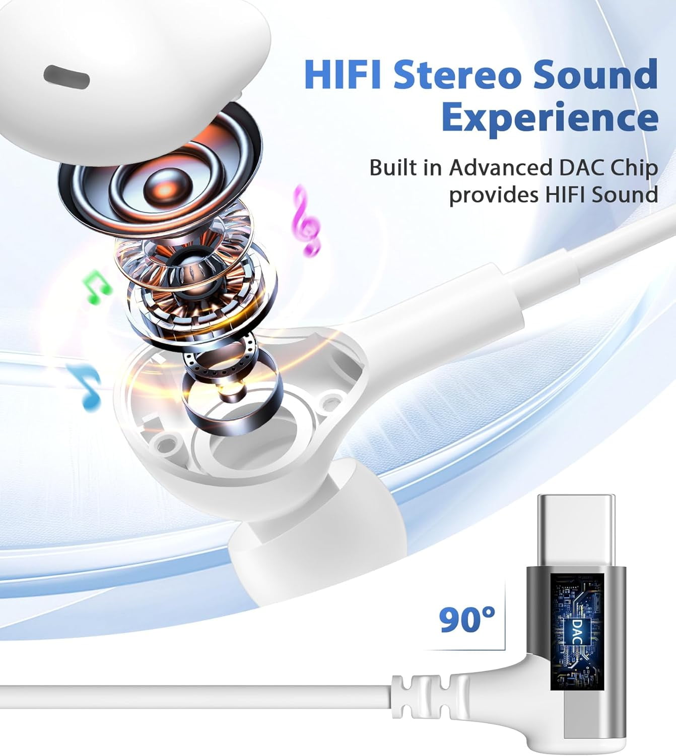 ASIASN-USB C Headphones Wired 90° Angled Plug in Ear Buds HiFi Sound ...