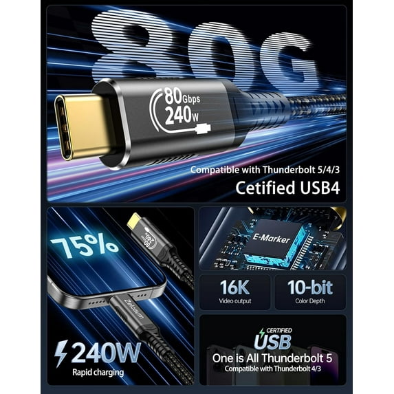 ASIASN-USB C Thunderbolt 5 Cable 120Gbps Bandwidth, 80Gbps Date, 16K 8K ...