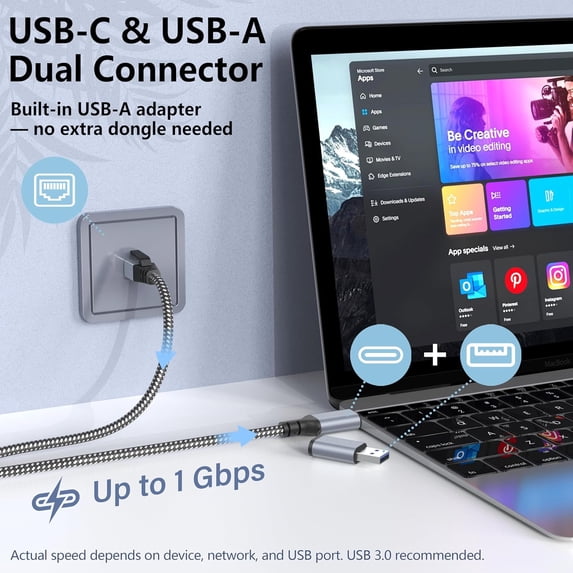 ASIASN-USB-C/USB-A to Ethernet Cable 3 ft, Built-in USB-A Adapter, Up ...