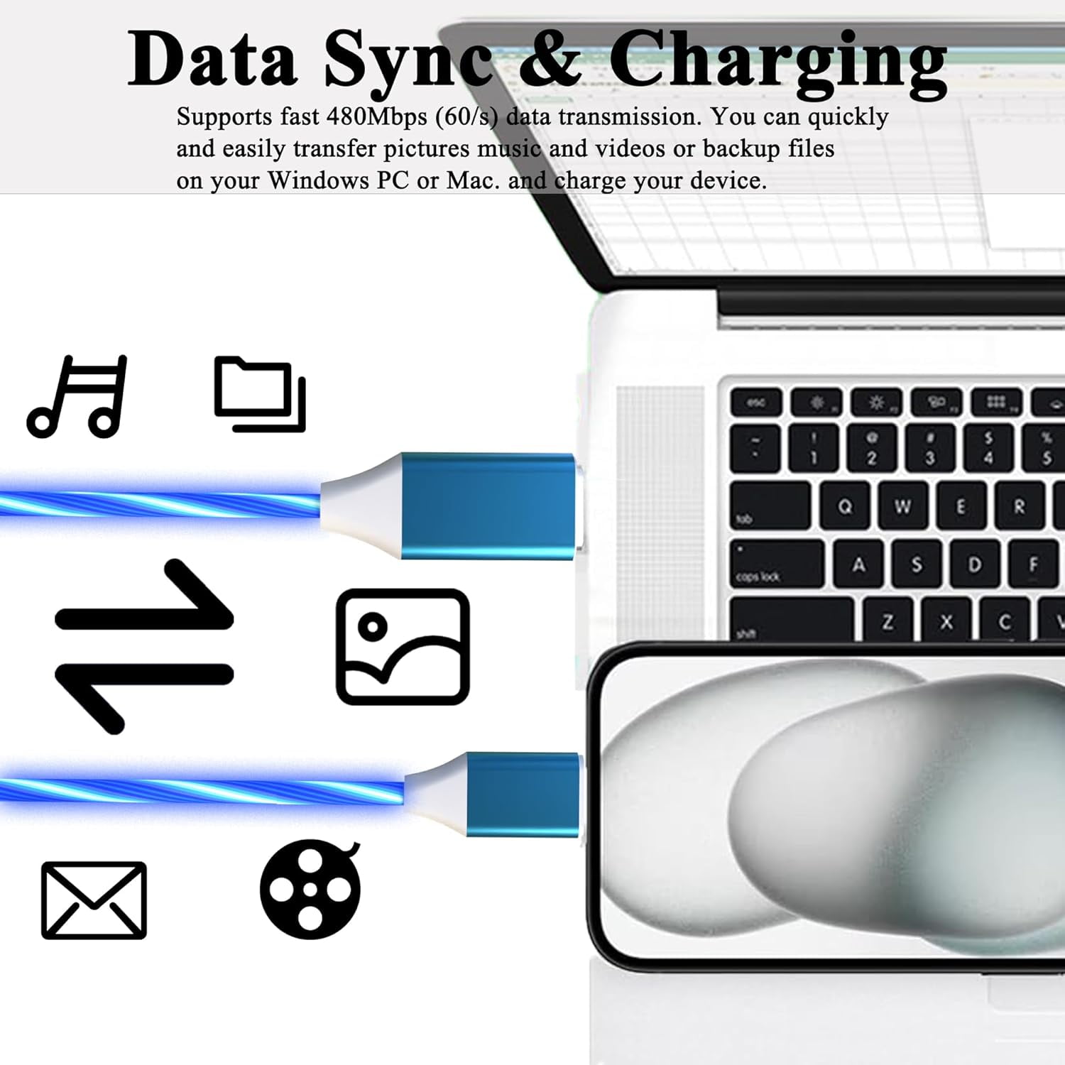 ASIASN-USB C to USB C Cable 3A Light Up C to C Cable LED Type C to Type ...
