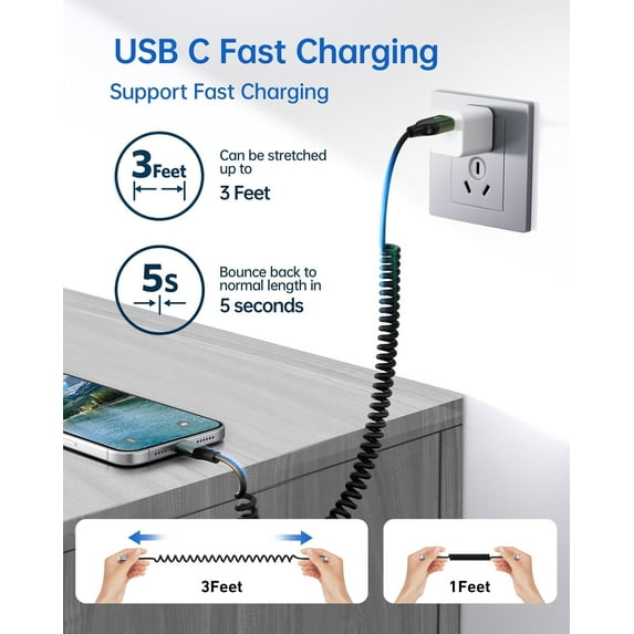 ASIASN-USB A to USB C Cable for Car 3FT/6FT, 2Pack Coiled USB Type C ...