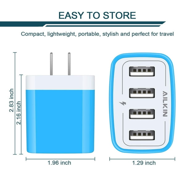 ASIASN-USB Wall Charger, Charging Block, 2-Pack 4.8A/5V 4 Port USB Plug ...