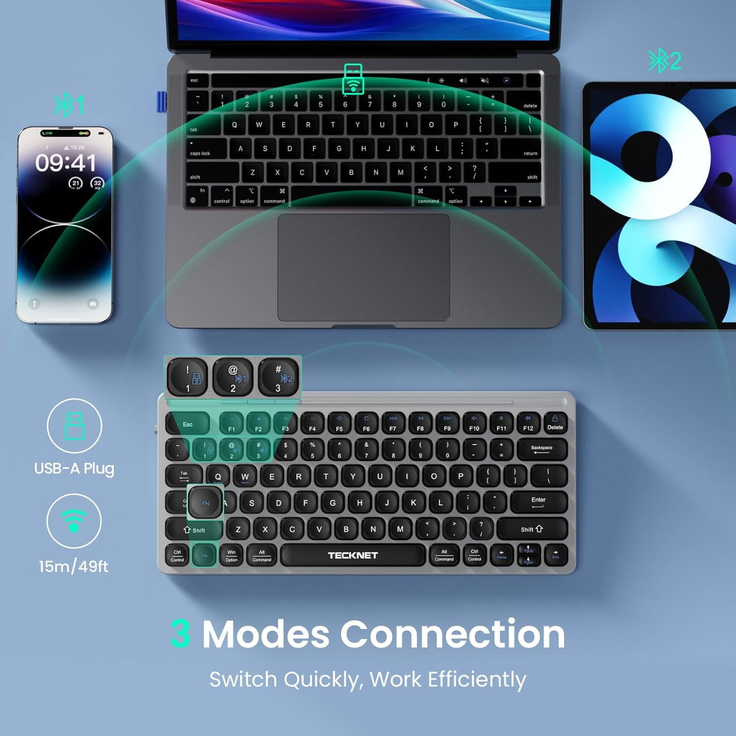 ASIASN-Wireless Bluetooth Keyboard, Slim Rechargeable Keyboard (2.4G+BT ...