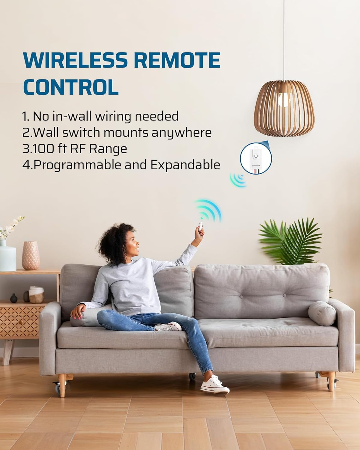 ASIASN-Wireless Light Switch and Receiver Kit, 15A/1800W High Power, No ...