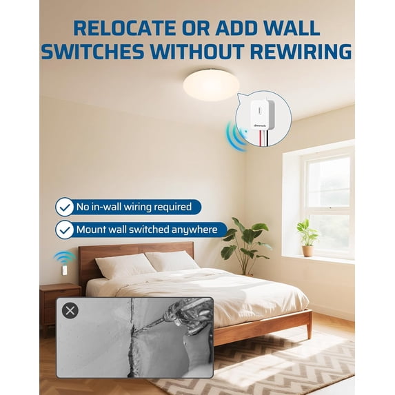 ASIASN-Wireless Light Switch and Receiver Kit, 15A/1800W High Power, No ...