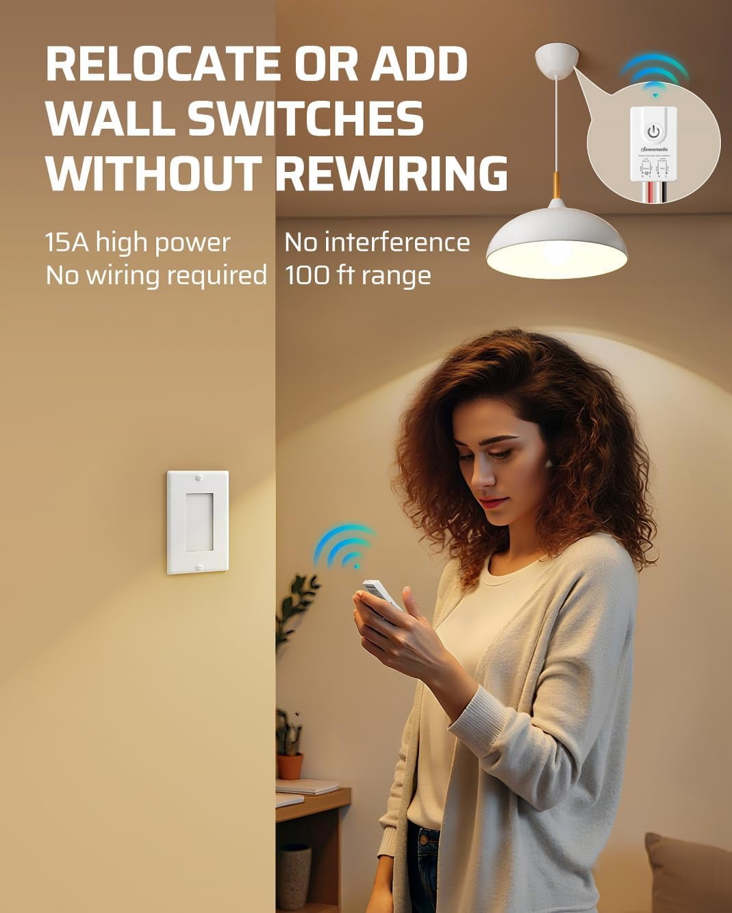 ASIASN-Wireless Light Switch and Receiver Kit, 15A, No in-Wall Wiring Required,Remote Control ...