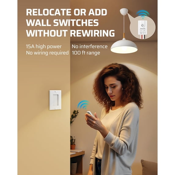 ASIASN-Wireless Light Switch and Receiver Kit, 15A, No in-Wall Wiring ...