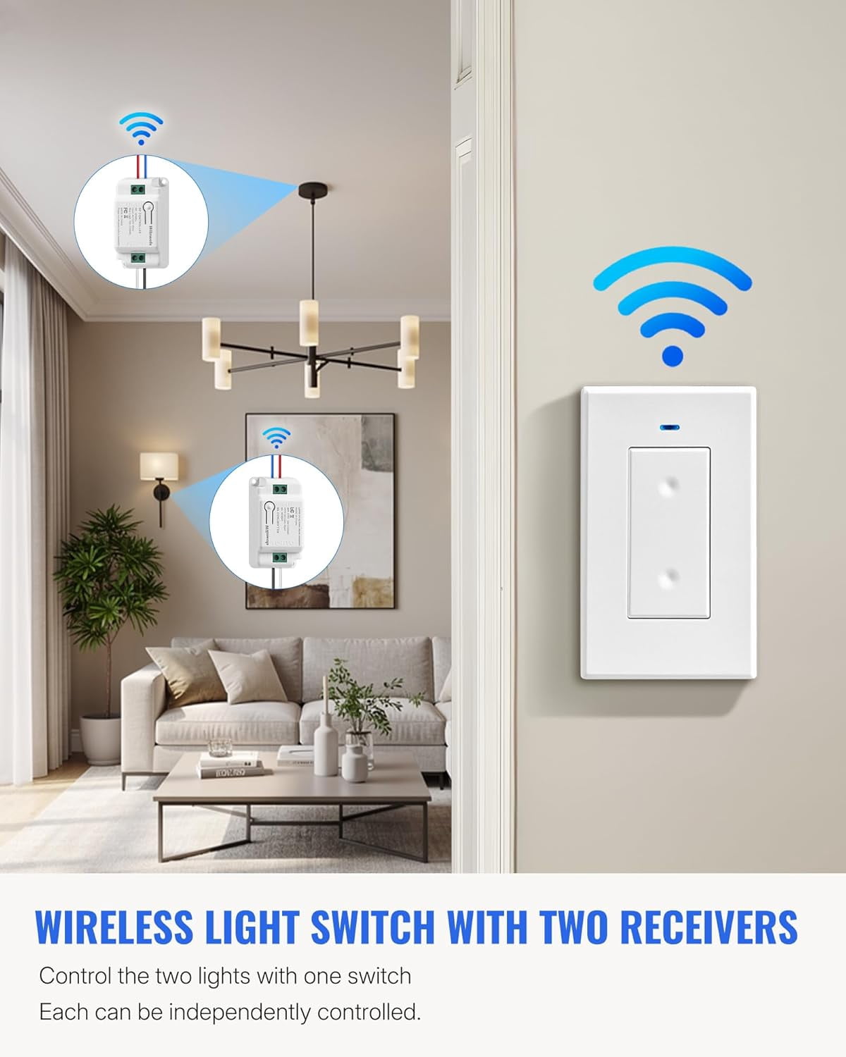 ASIASN-Wireless Light Switch and Receiver Kit, Remote Wall Switches Lighting Fixture, No Wiring ...