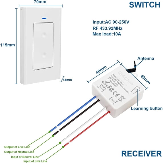 ASIASN-Wireless Lights Switch Kit, No WiFi Required, No in-Wall Wiring ...