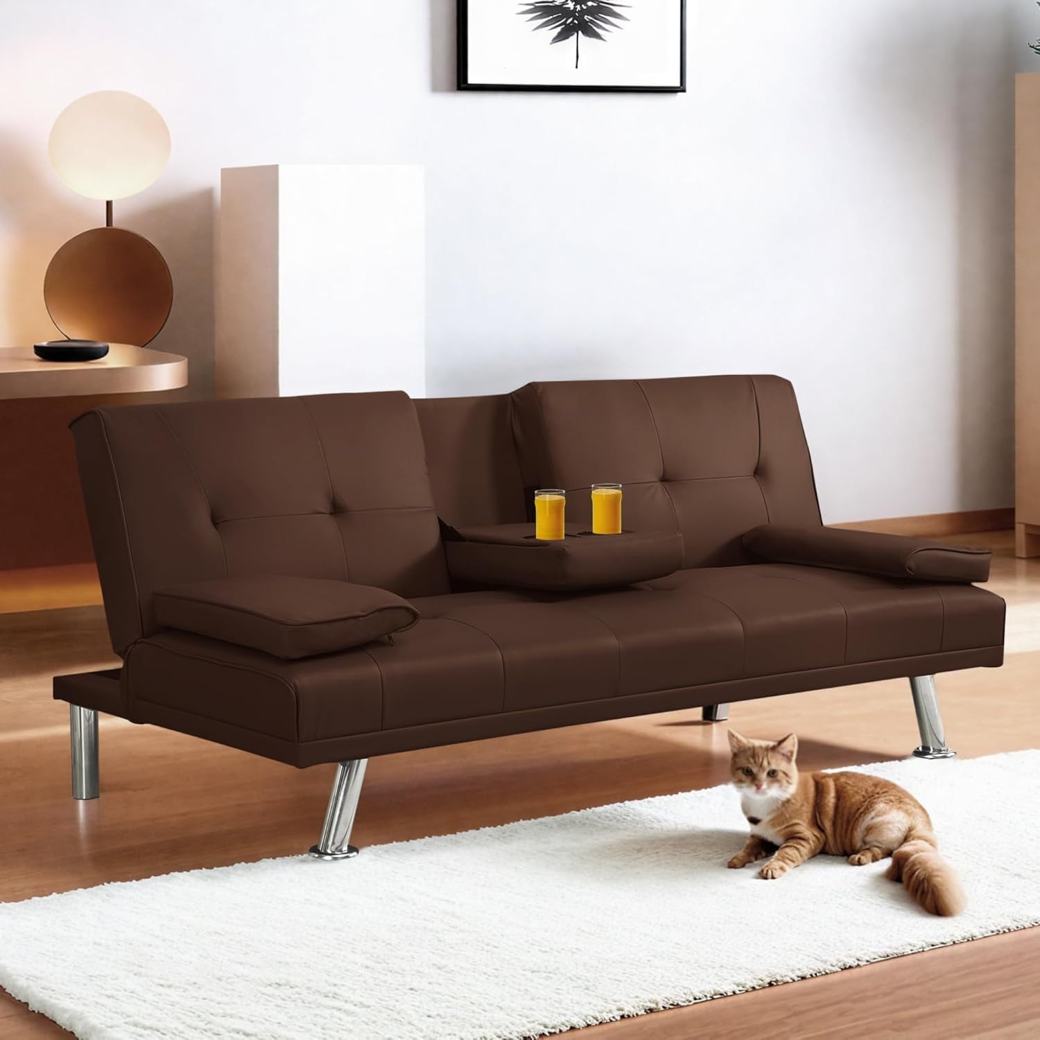 ASINMAK Futon Sofa Bed - Folding Convertible Sleeper Couch w/ 2 Cup ...