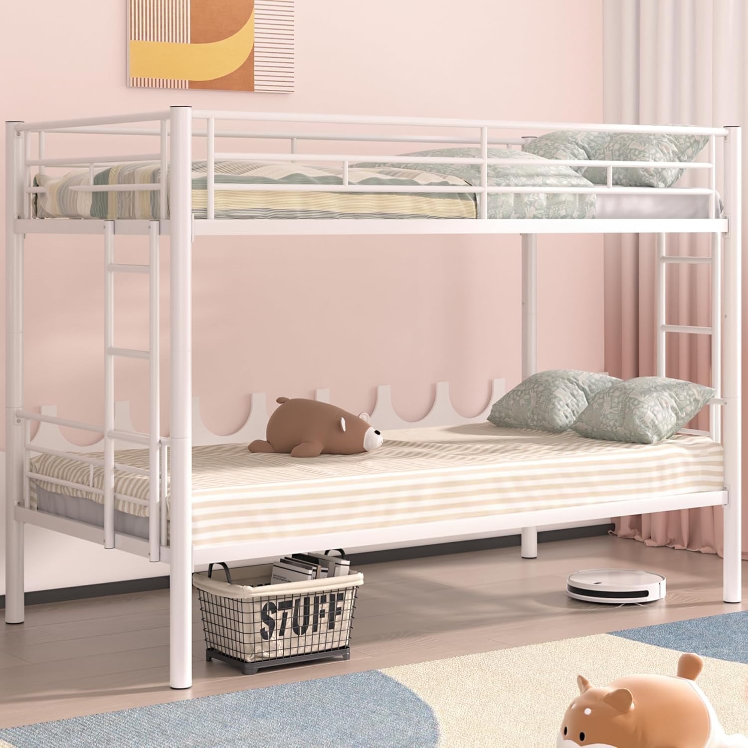 ASINMAK Twin over Twin Bunk Bed for Kids, Industrial Metal Bunkbeds with Ladder and Full-Length ...
