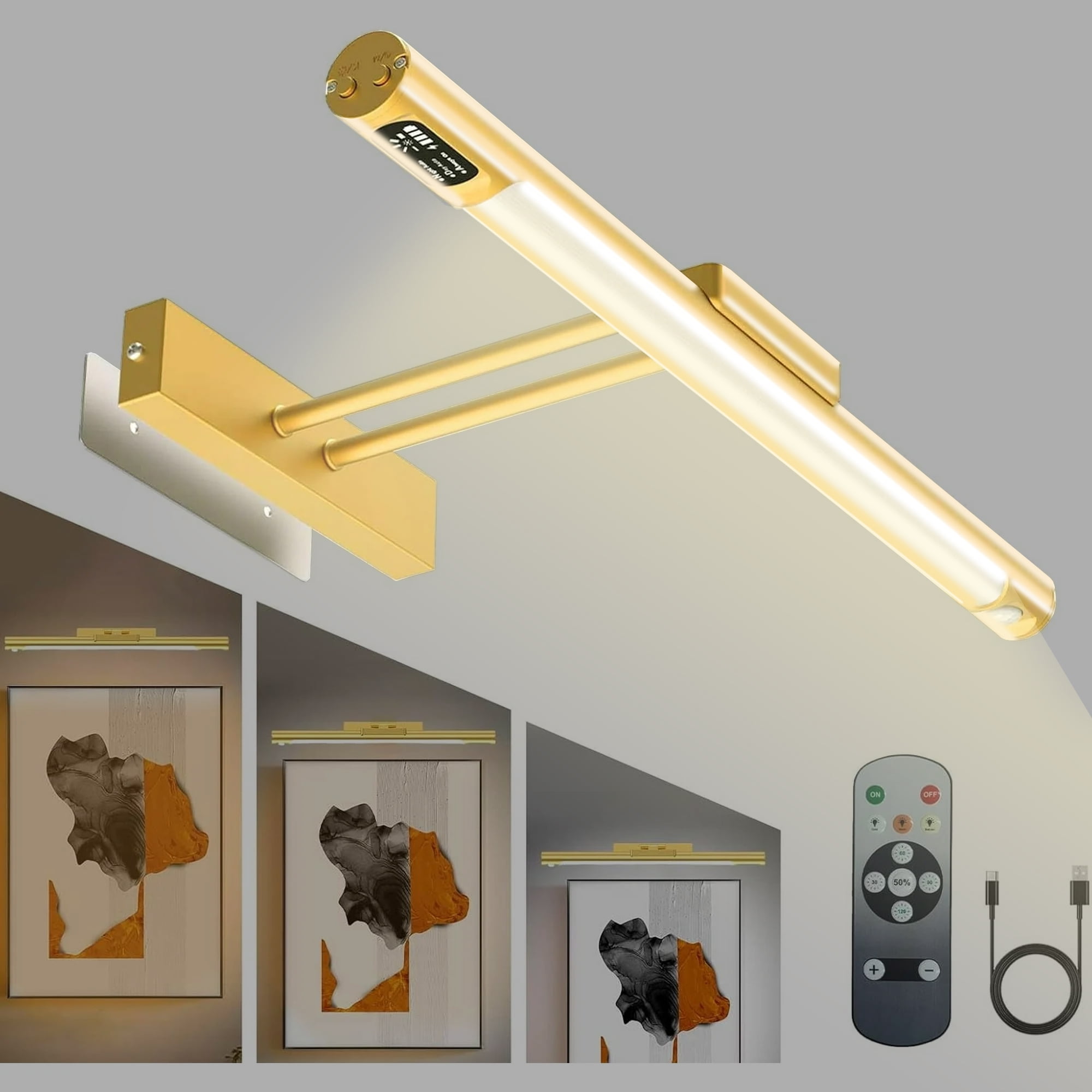 ASIOWQ Wireless LED Picture Lights for Wall Art,Gold Dimmable Painting ...