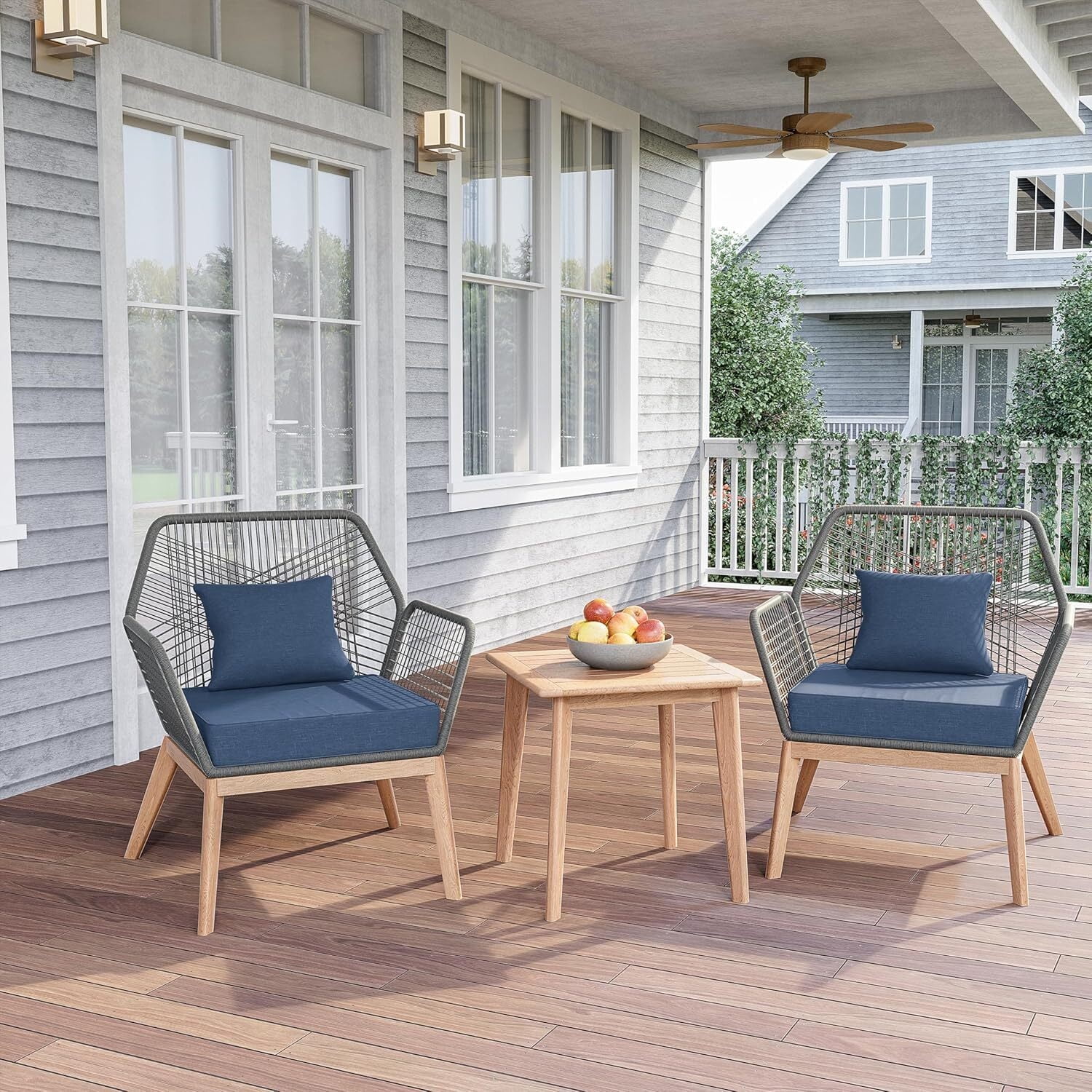 ASJMR 3PCS Outdoor Patio Furniture Set,Solid Wood Woven Rope Armchairs ...