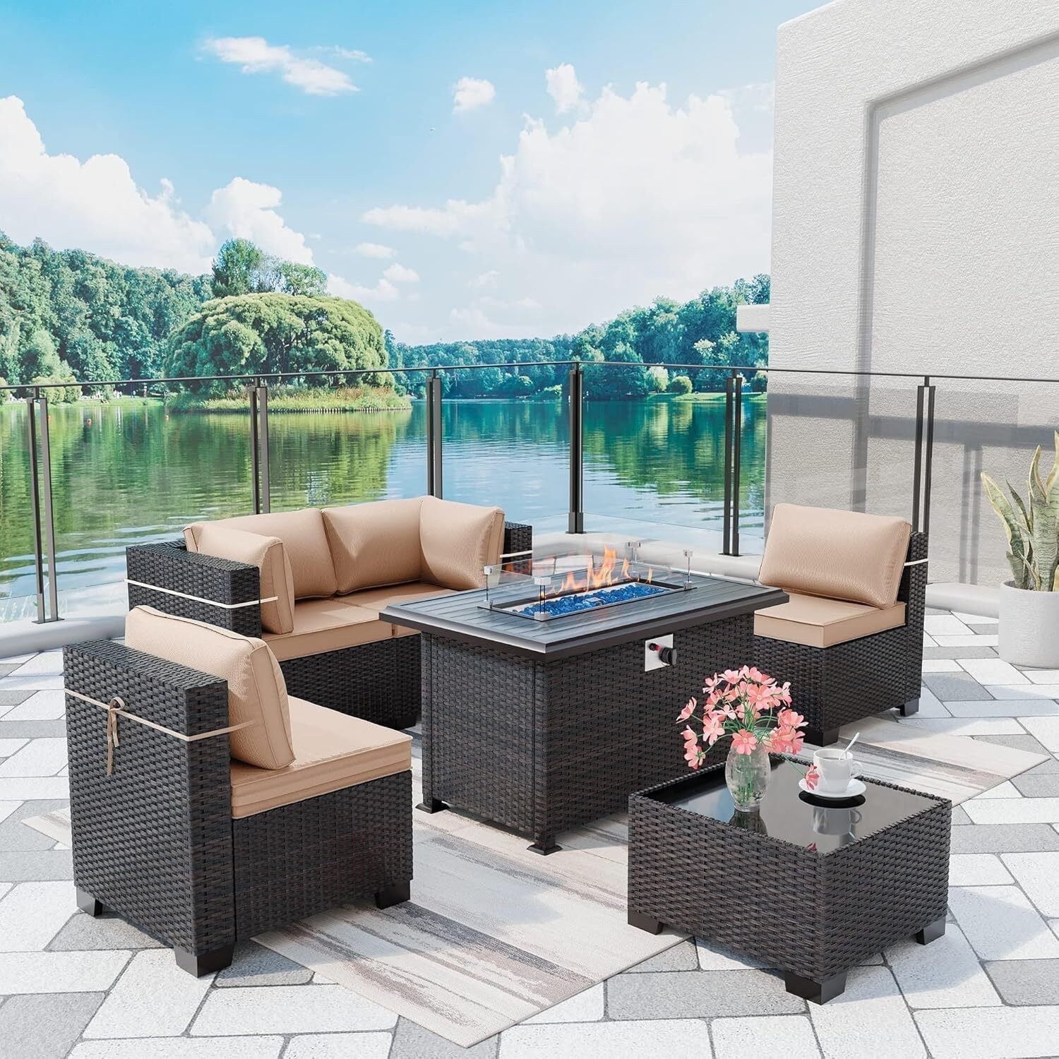 ASJMR 6 Pieces Outdoor Patio Furniture Set with 43" Fire Pit Table ...
