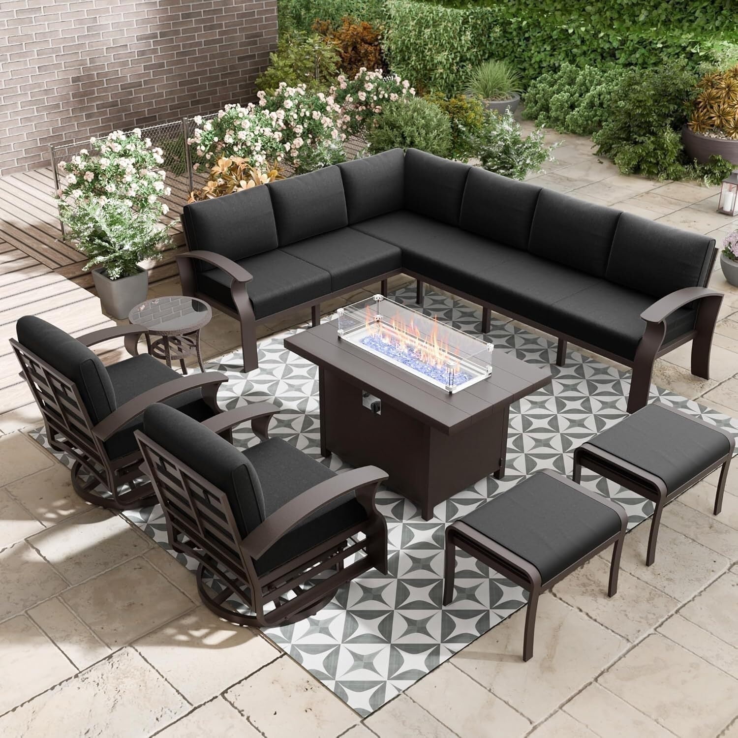 ASJMR Aluminum L-Shaped Sectional Sofa Set with 45" Propane Fire Pit ...