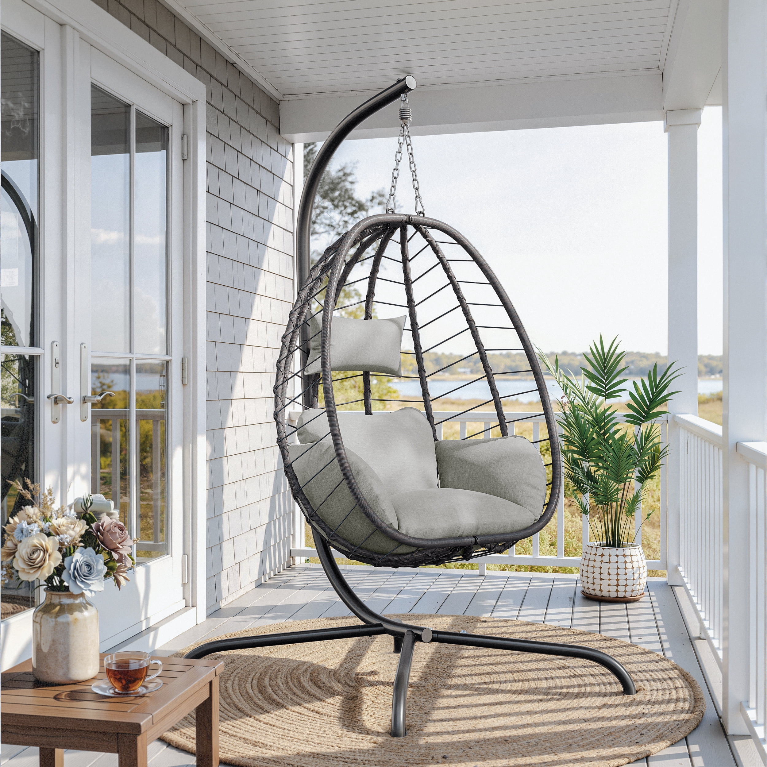 ASJMR Outdoor Hanging Egg Chair with Stand, Foldable Wicker Swing ...