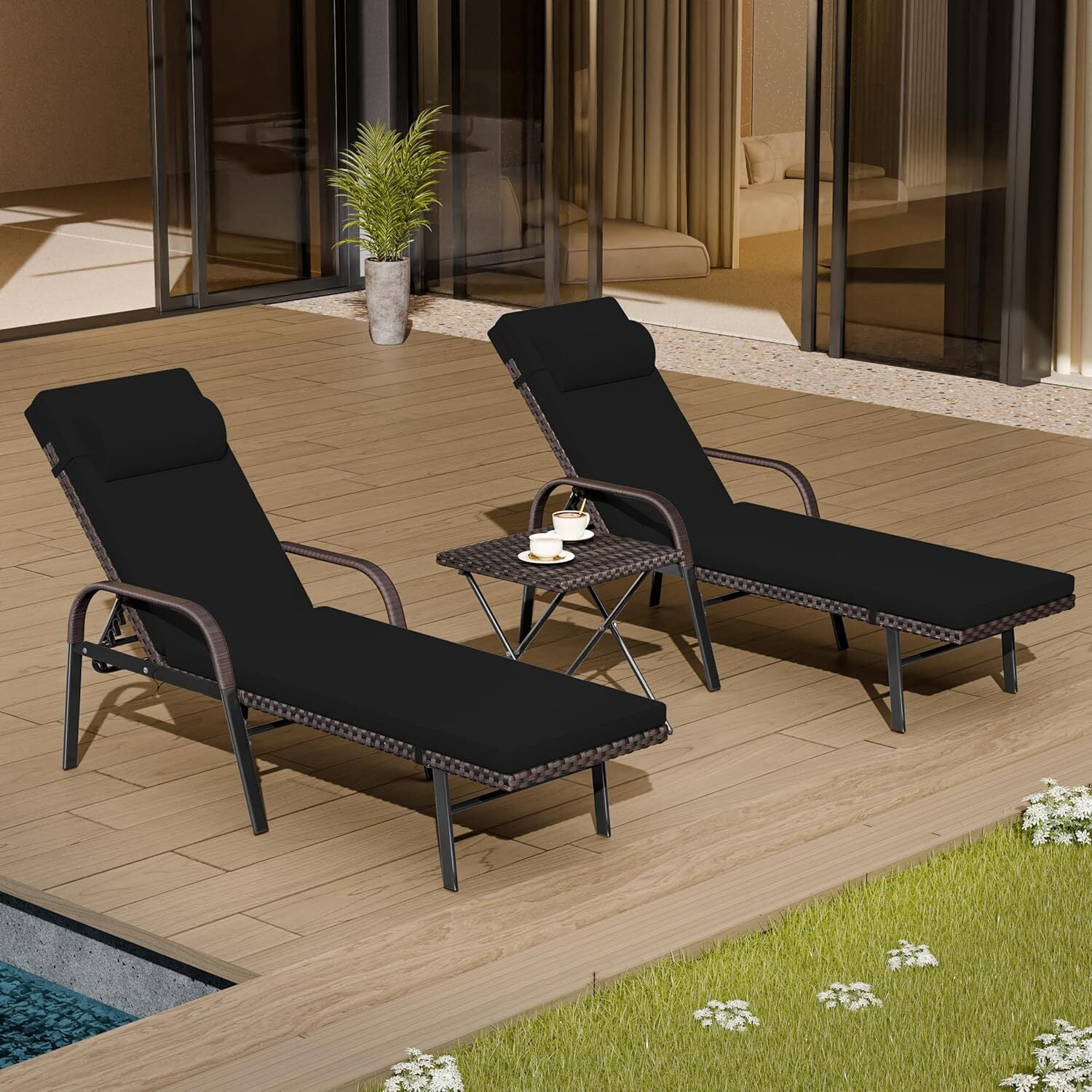 ASJMR Patio Chaise Lounge Set 3 Pieces Outdoor Rattan Lounge Chair With ...