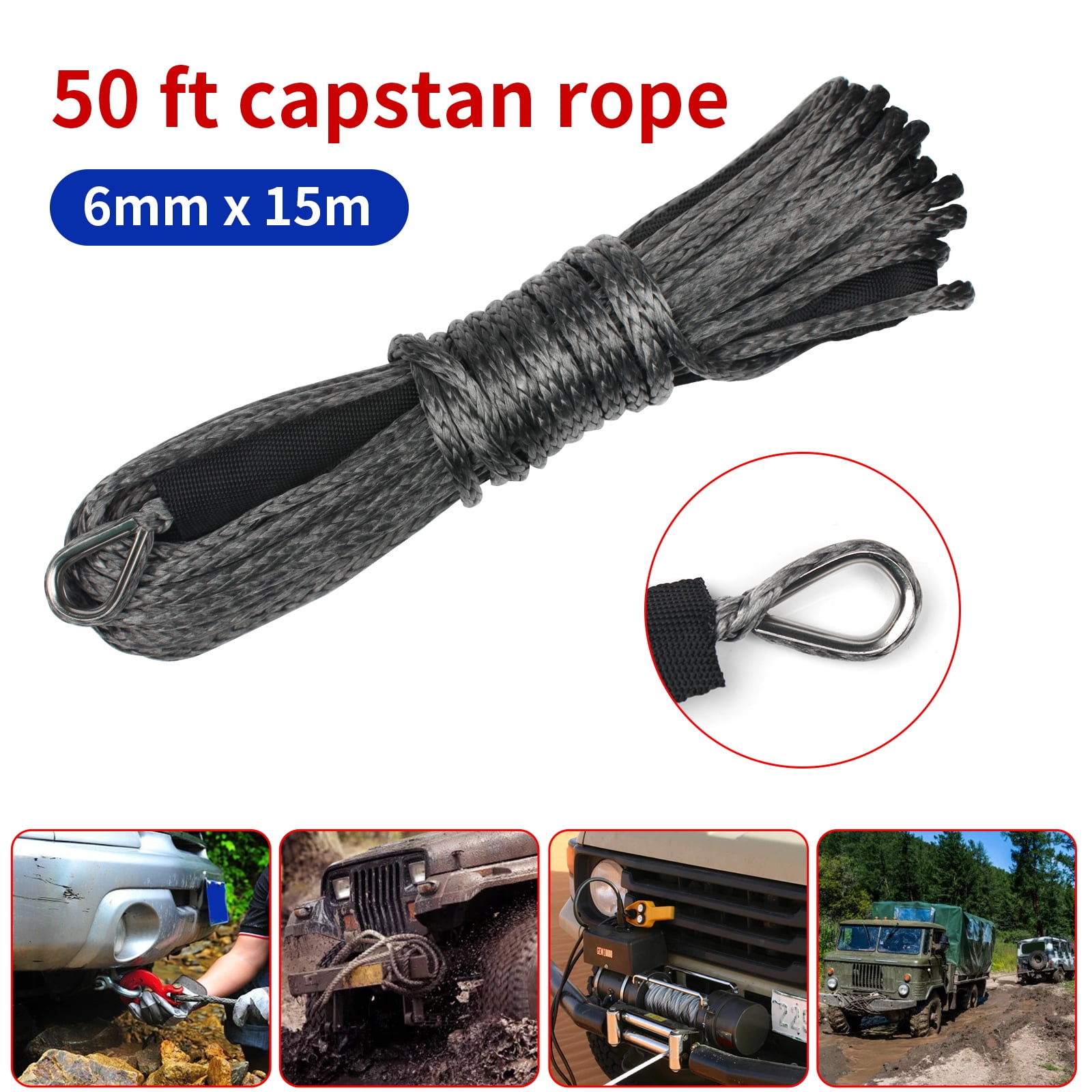 ASKITO 1/4"x50' 10000LBS Synthetic Winch Rope Line Recovery Cable 4WD ...