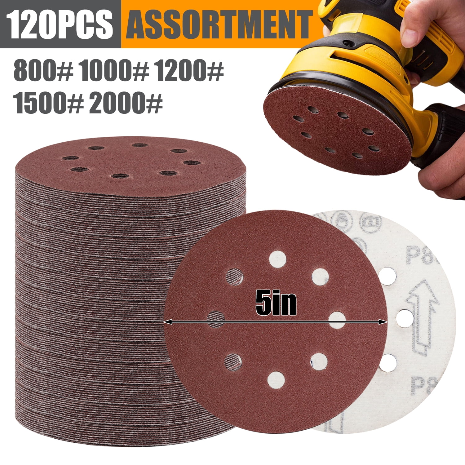 ASKITO 120Pcs 5 Inch Sanding Discs, 8-Hole Round Hook and Loop ...